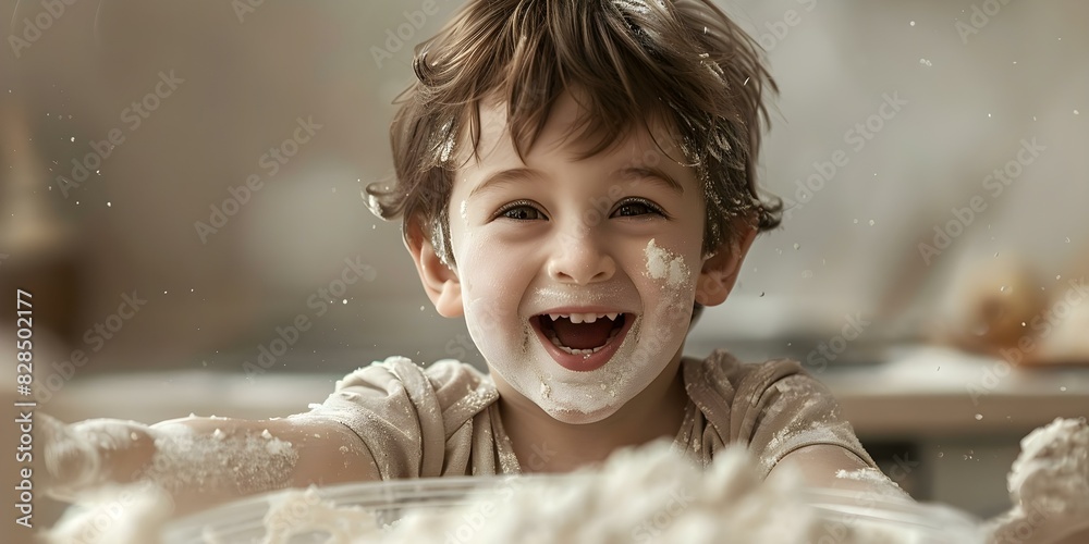 Excited boy enjoys messy flour play pure delight on his face. Concept ...