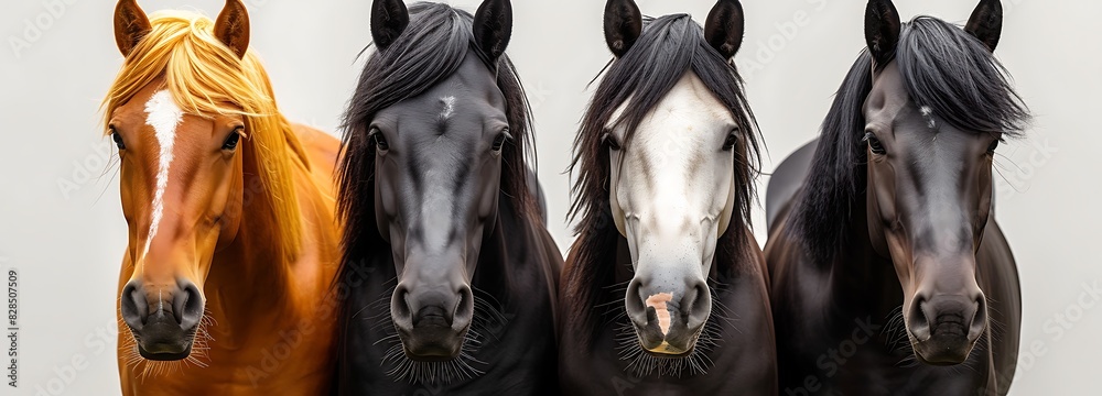 Four horses with different coat colors are aligned in a portrait-style ...