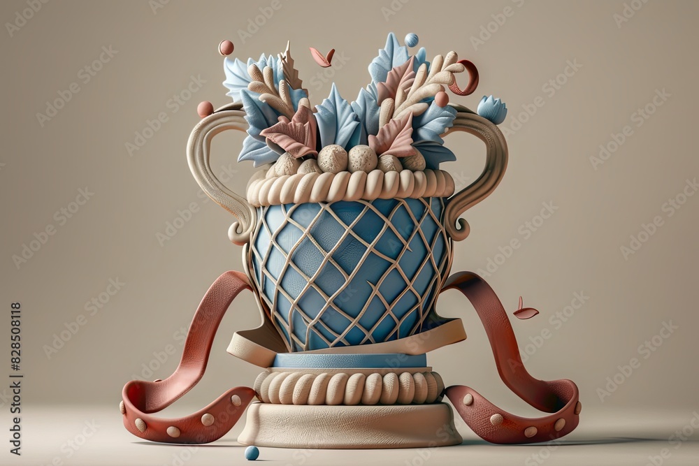 A detailed 3D clay icon of a prestigious trophy adorned with a ribbon ...