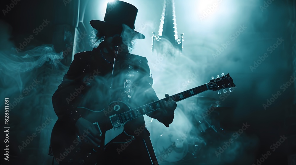 A brooding musician on a dimly lit stage, surrounded by fog and dark ...