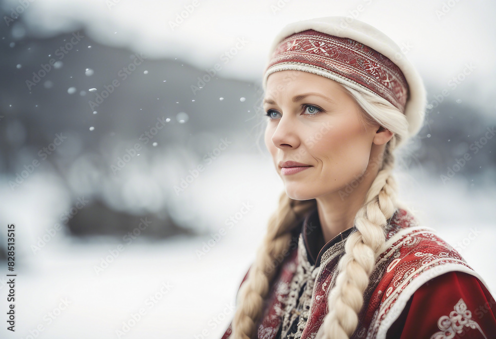 portrait of Norwegian woman in traditional dress, isolated white ...