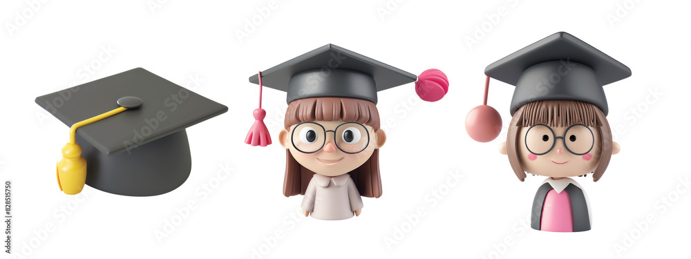 cartoon-style female graduates with glasses, wearing black graduation ...