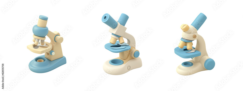 cartoon-style microscopes in blue and beige colors, isolated on a ...