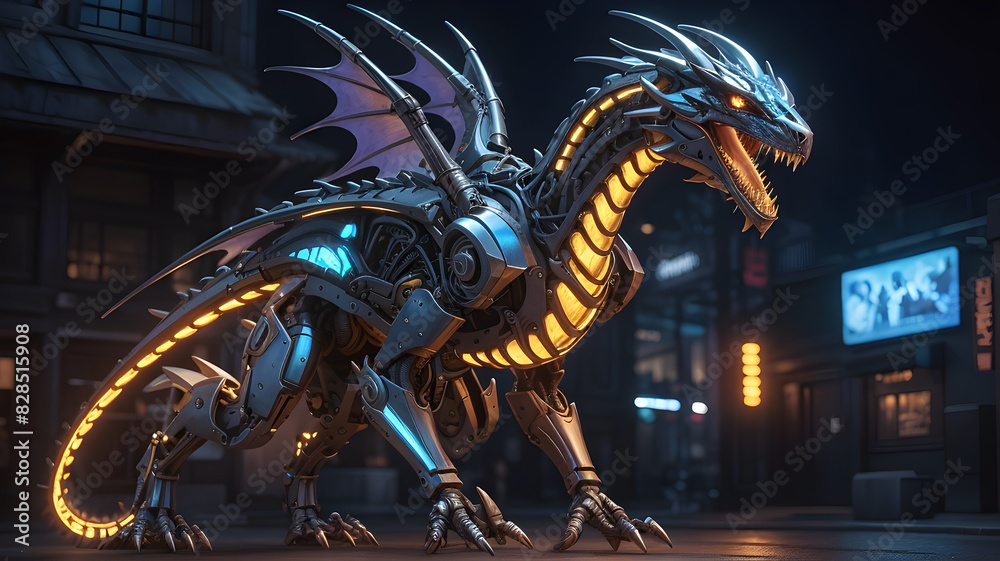 Fierce, futuristic dragon made of mechanical parts glows with vibrant ...