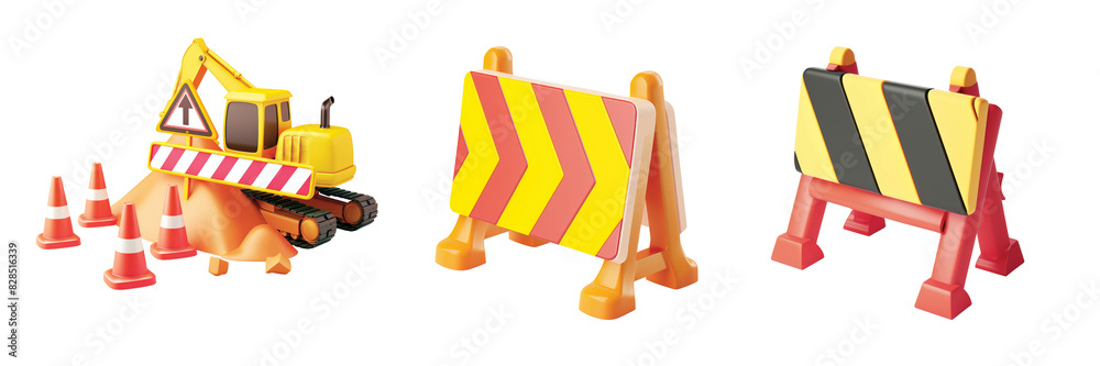 Yellow excavator with traffic cones and warning signs featuring red ...