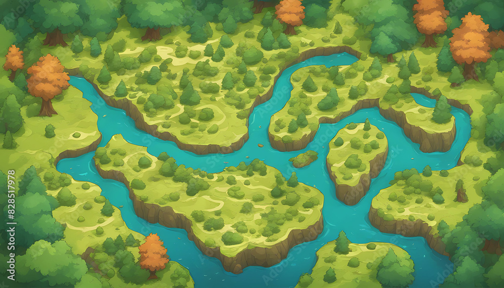 top view, game map, forest and floating lands landscape illustration ...