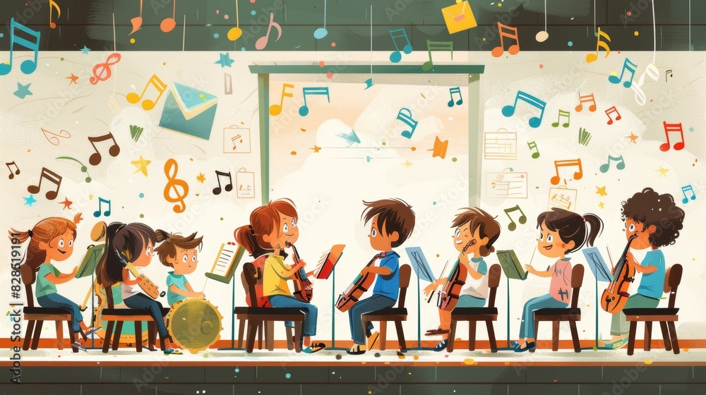 A music class with students playing various instruments, a teacher ...