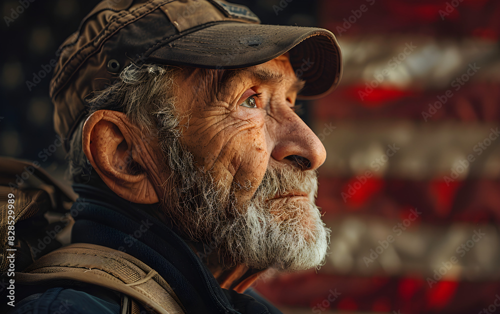 Elderly veteran standing proudly in front of the American flag ...