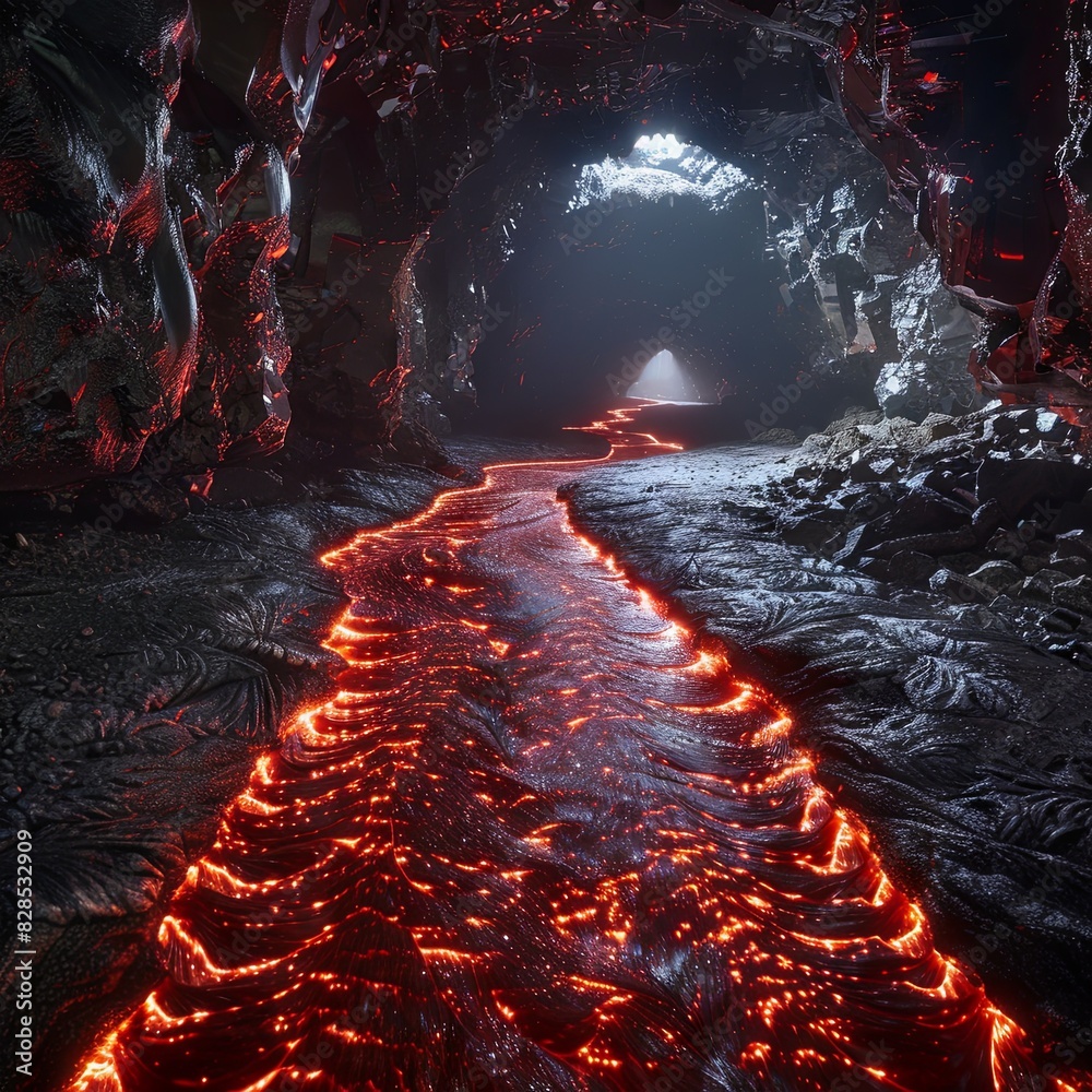Expansive underground magma chamber, with flowing lava rivers and towering rock formations Stock ...