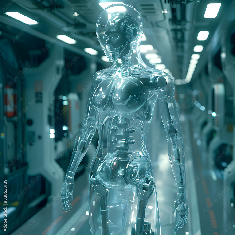 Translucent Android in Futuristic Corridor: A sleek, transparent android stands in a futuristic ...