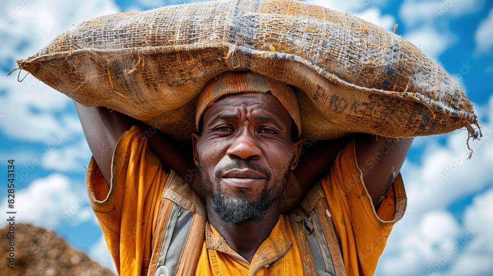 Realistic illustration of a construction worker balancing a sack on ...