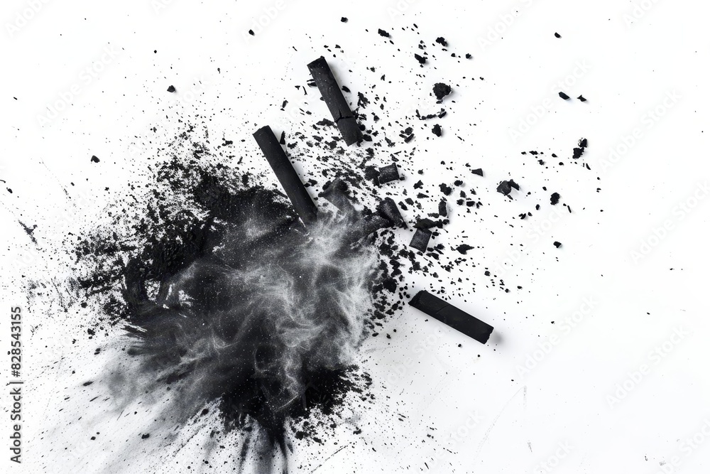 exploding black chalk pieces and powder isolated on white background ...
