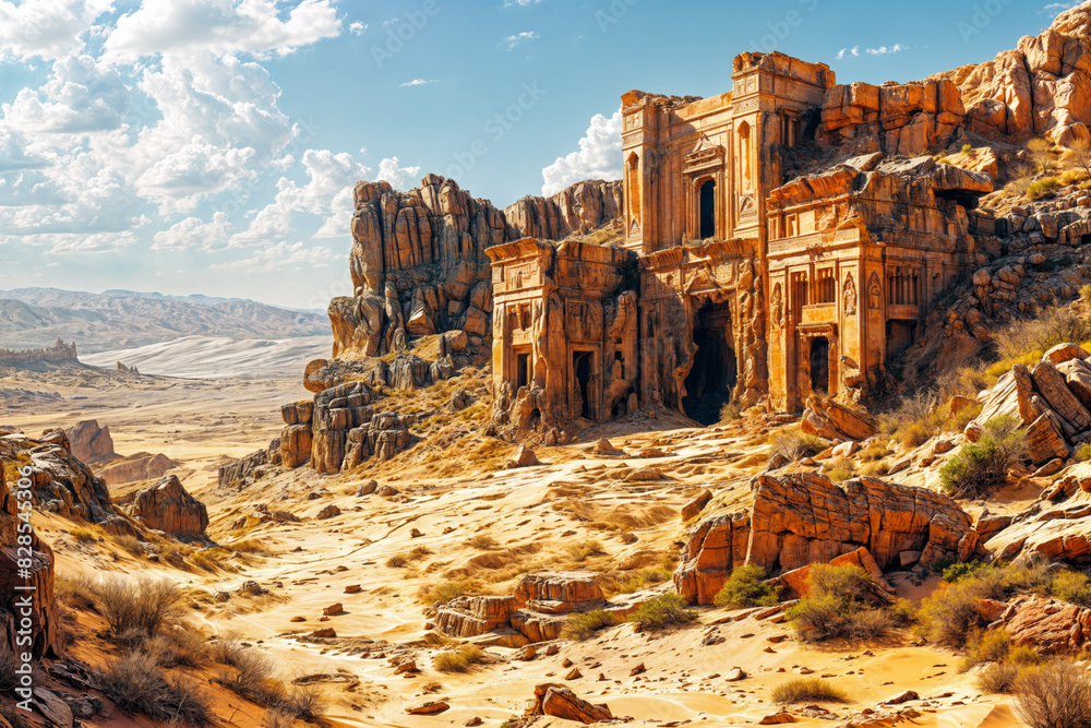 Ancient Desert Ruins in a Rocky Landscape Under a Bright Sky ...