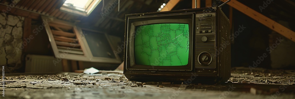 Foto de Dusty old television displaying static green screen in an ...