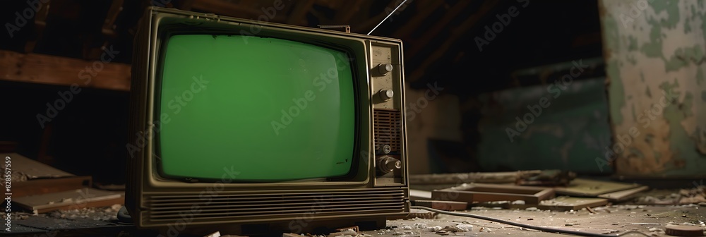 Dusty old television displaying static green screen in an abandoned ...