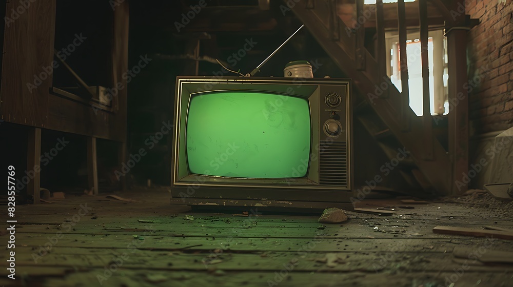 Foto de Dusty old television displaying static green screen in an ...