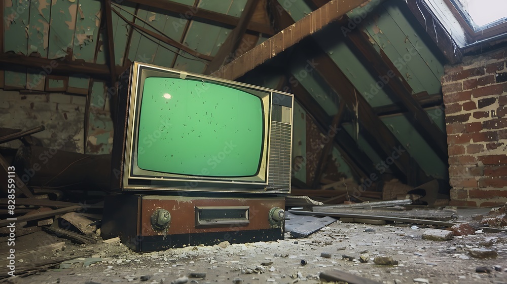 Foto de Dusty old television displaying static green screen in an ...