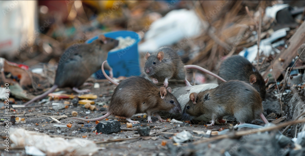 large rats rummage through garbage in a garbage dump in the city. unsanitary conditions and ...