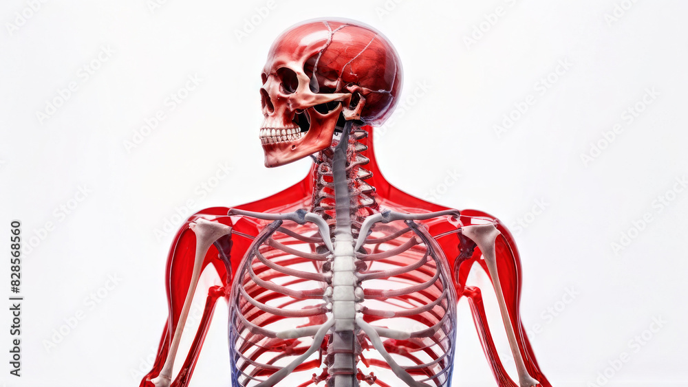 human skeleton with superimposed musculature on the right side of the ...