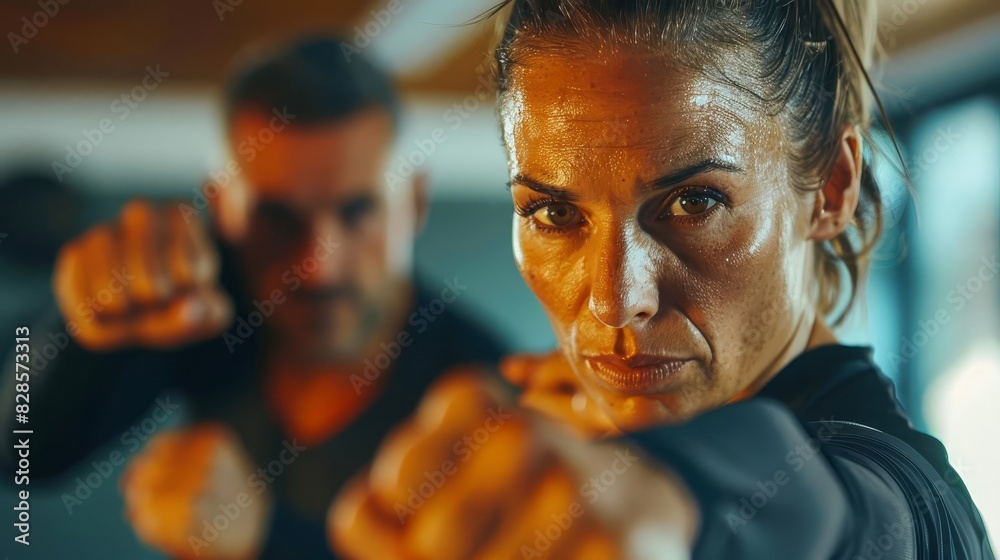 Dynamic fitness training with a personal trainer guiding a client ...