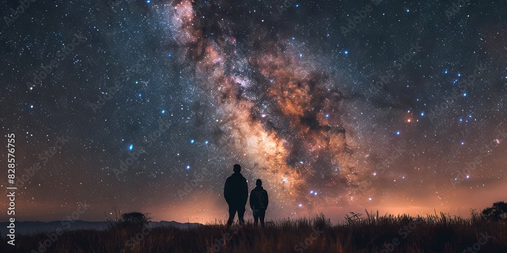 Silhouettes of two people standing under a starry sky with the Milky ...