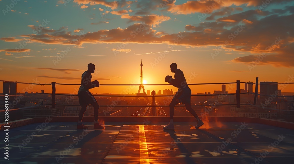 Boxers in the ring, Eiffel Tower backdrop, Olympic 2024, twilight ...