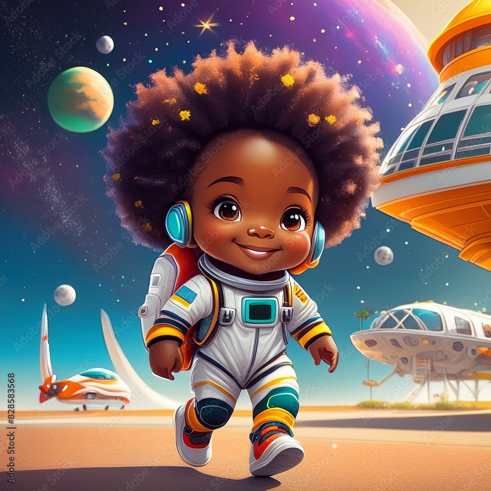 ethnic African American baby astronaut with afro hairstyle wearing ...