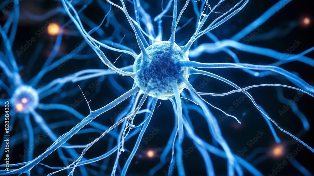 three-dimensional rendering model of a neuron with numerous dendrites ...