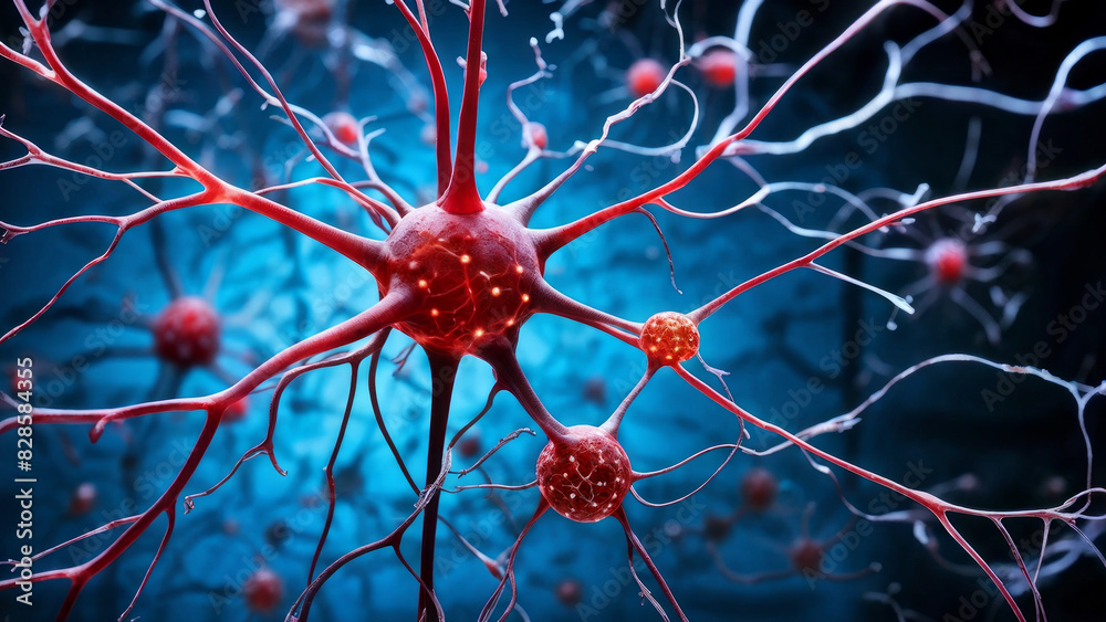 three-dimensional rendering model of a neuron with numerous dendrites ...