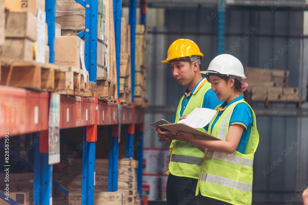 Warehouse management team check stock inventory. Asian men women worker ...