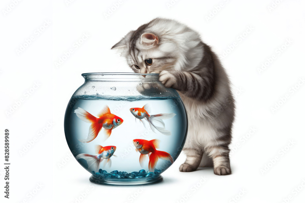 Cat play with fish in fishbowl Isolated on white background Stock Photo ...