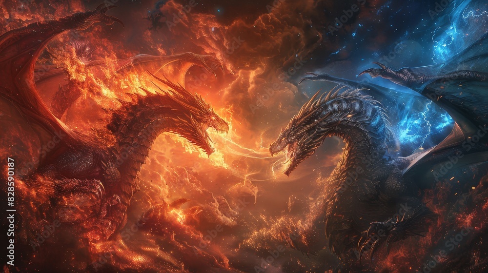 Epic illustration of two dragons, one of fire and one of ice, facing ...
