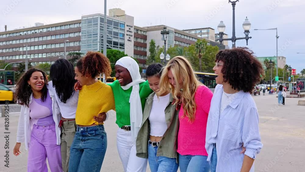 Happy diverse group of young women friends walking together outdoors ...