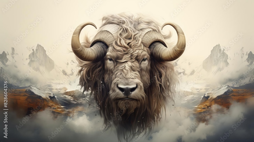Capture the rugged beauty of a muskox head-on, highlighting the ...