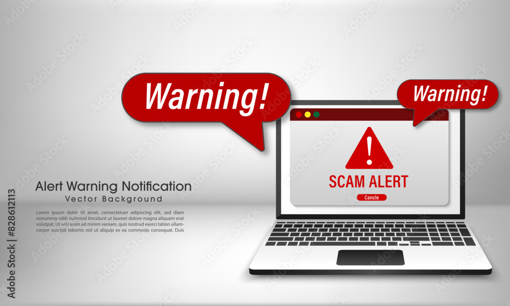 Scam alert message on browser window. Beware alertness of internet ...