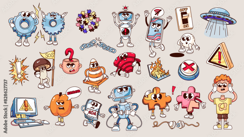 Groovy internet disconnect stickers and cartoon characters set. Funny ...
