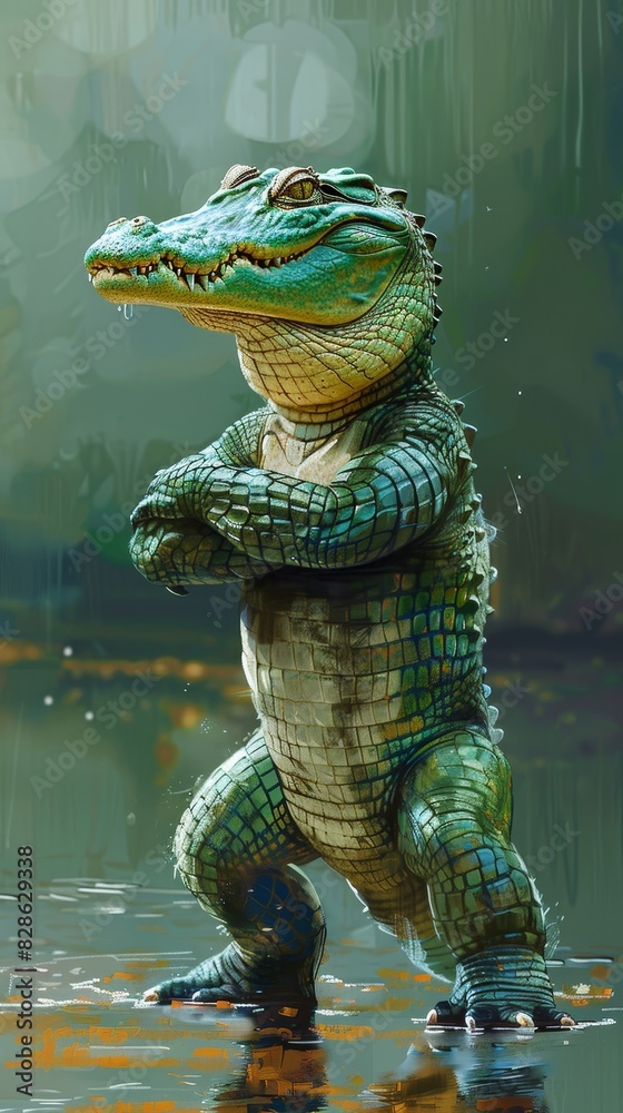 Digital artwork of a standing alligator with arms crossed in a swampy ...