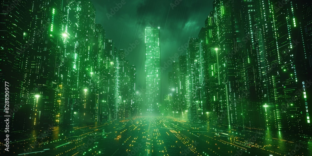 ภาพประกอบสต็อก City view with matrix concept and digital connections ...