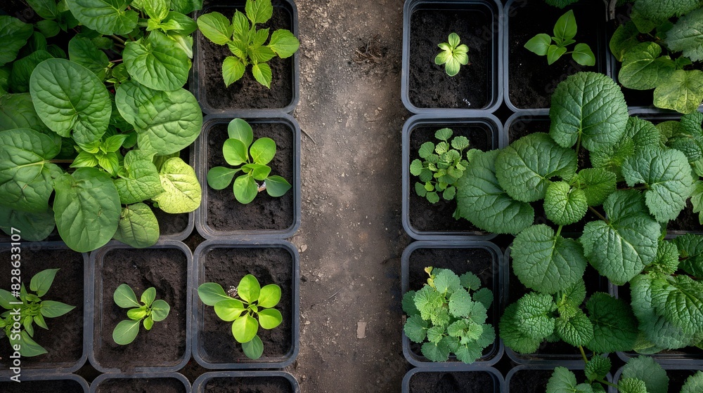 A photo of seedling pots with black soil inside a plastic tray on the ...