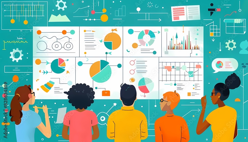 Visualize a flat design of a team collaborating around a project plan ...