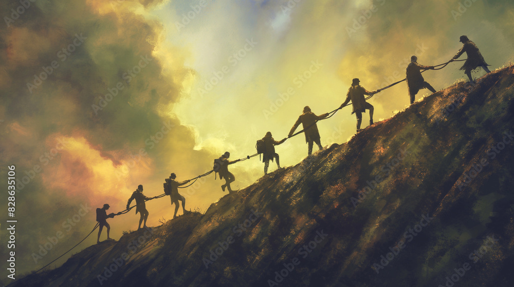 Artistic representation of a team working together to climb a steep ...