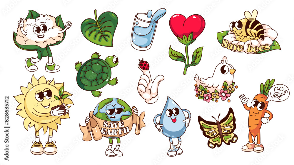 Groovy eco friendly organic products and cartoon characters set. Funny ...