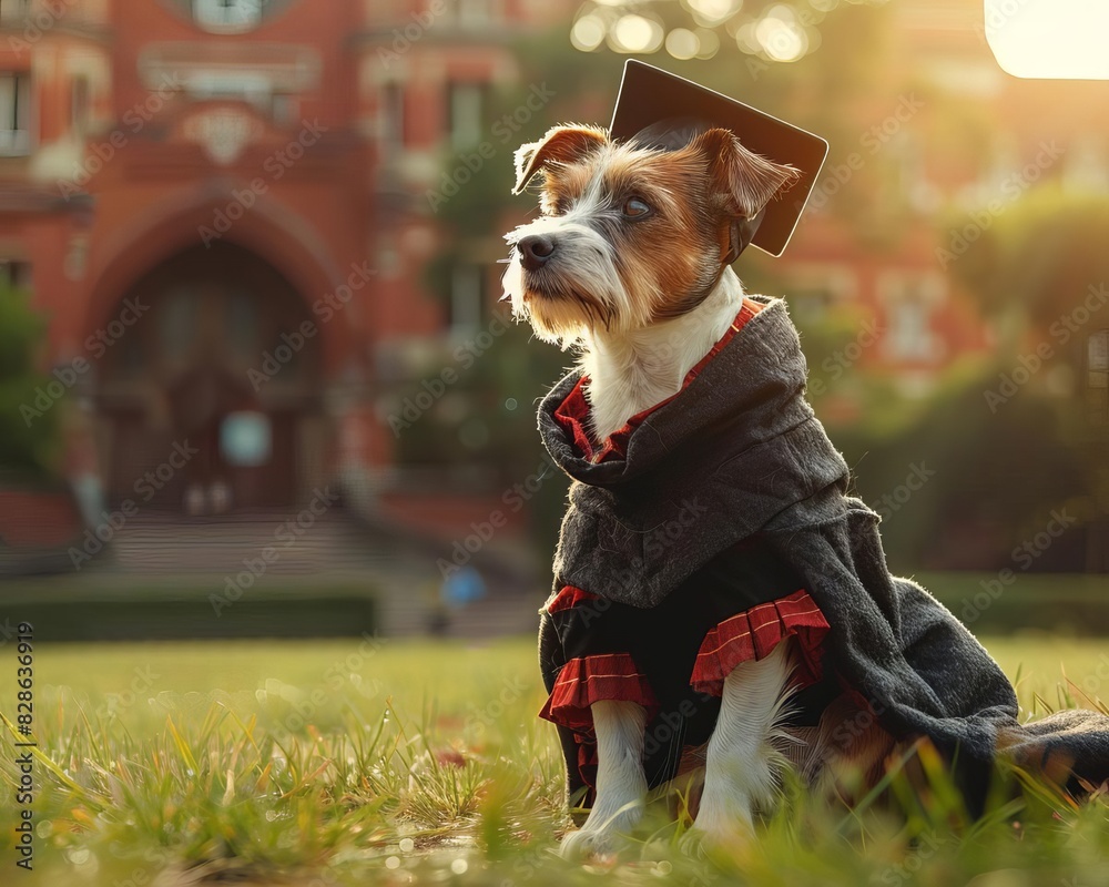 Adorable dog wearing graduation cap and gown, sitting on grass in front ...