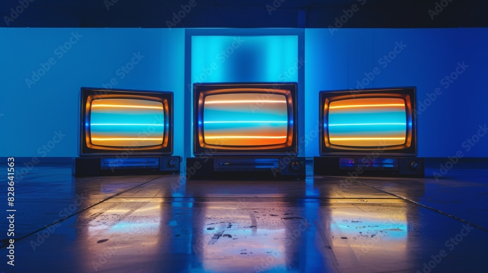 realistic photo of 3 vintage TVs in the centre of the photo on the ...