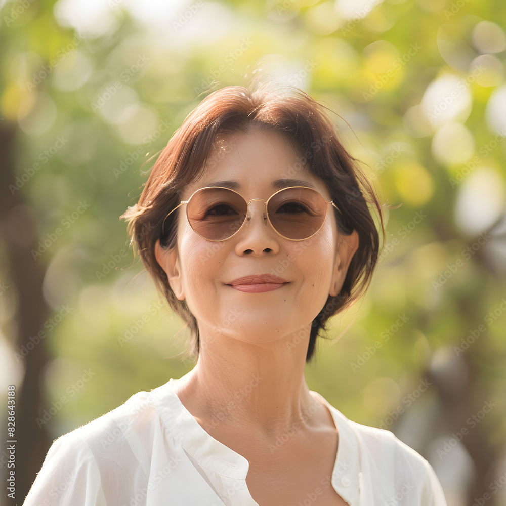 Healthy happy smiling middle aged asian woman taking sunlight exposure in summer green park with ...