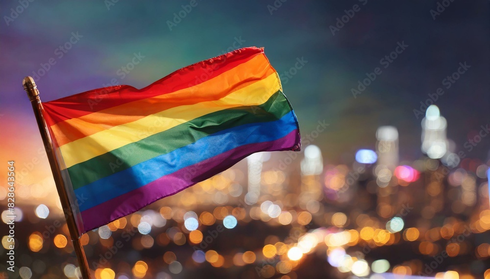 LGBT flag against the backdrop of a large night glowing city metropolis ...