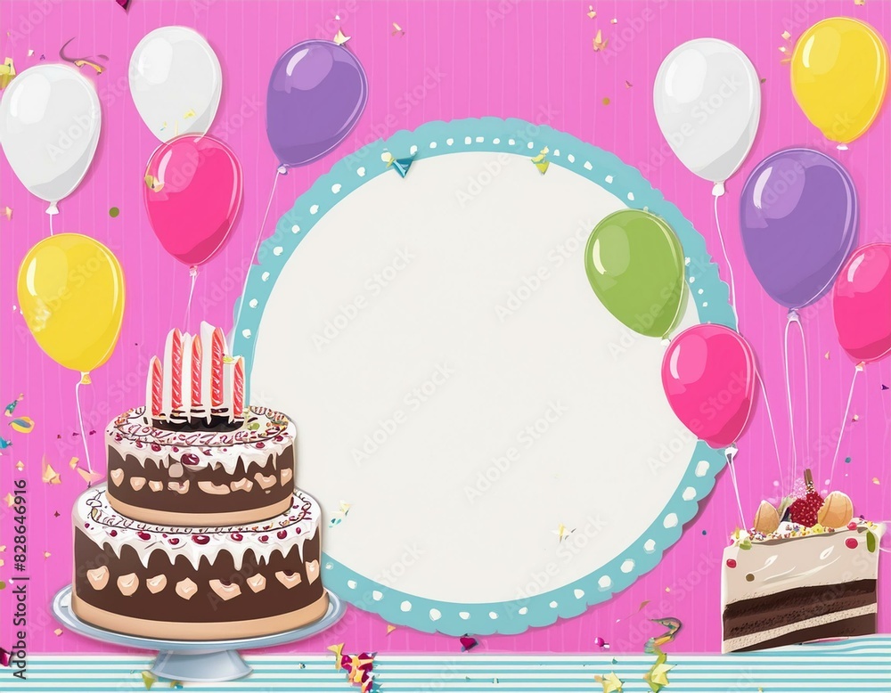 , birthday photo frame template with balloons and cake. Beautiful ...