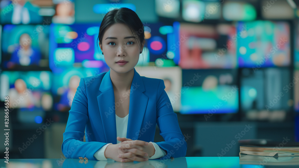 An Asian woman news anchor reports breaking news while sitting in a TV ...