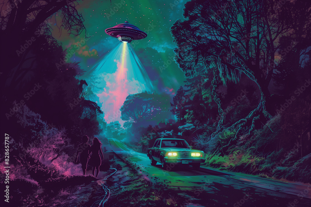 vintage-style blacklight poster featuring a dramatic scene of aliens ...