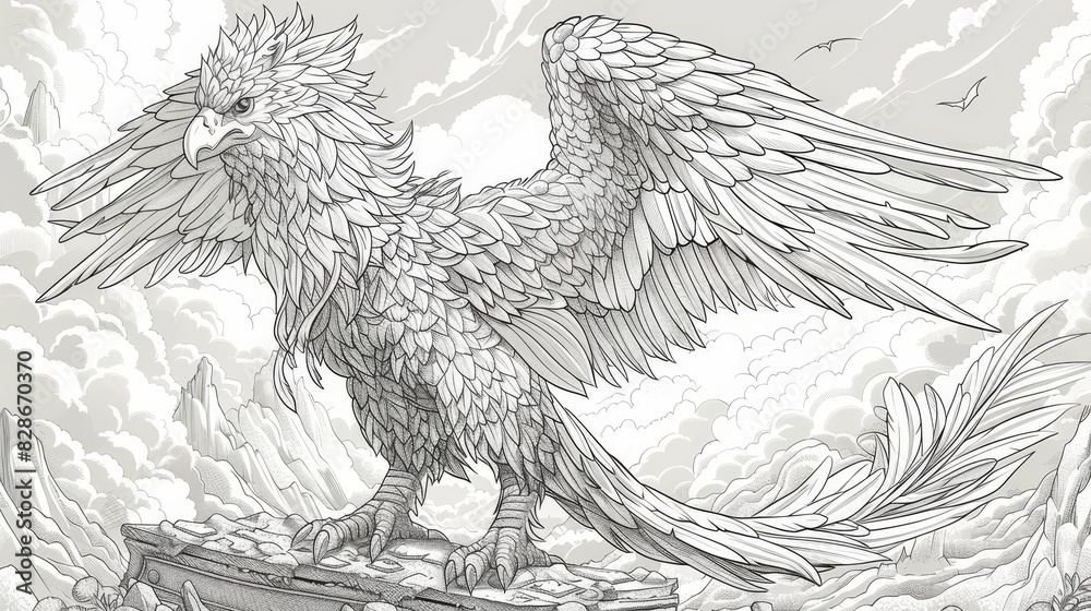 coloring book The image is a pencil drawing of a phoenix rising from ...